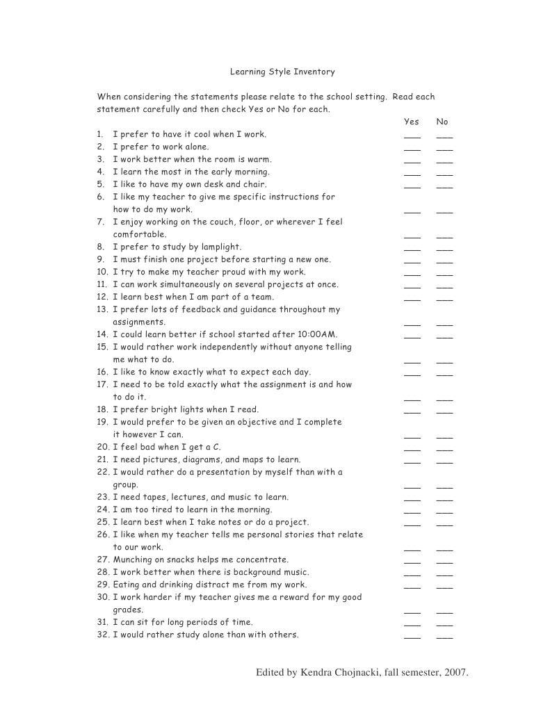Learning Style Inventory Questionnaire | PDF | Learning Styles ...