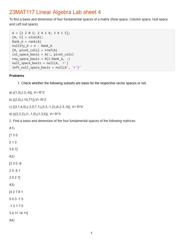 Lab Sheet 4 (Fundamental Spaces of A Matrix) | PDF