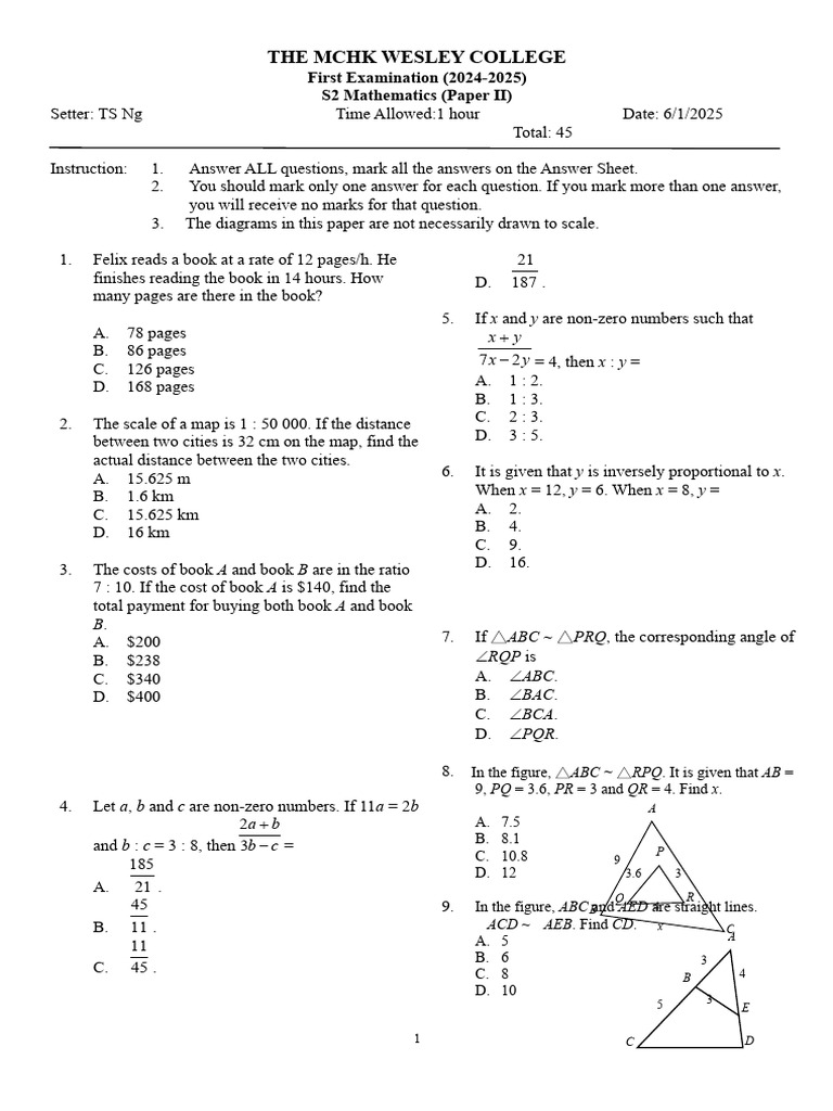 S2-Math-E1P2 - 2425 (With Answer Key) | PDF | Measurement