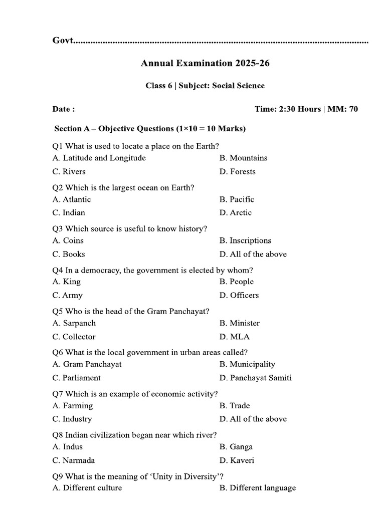 6th Class SST Annual Exam Paper 2026 | PDF