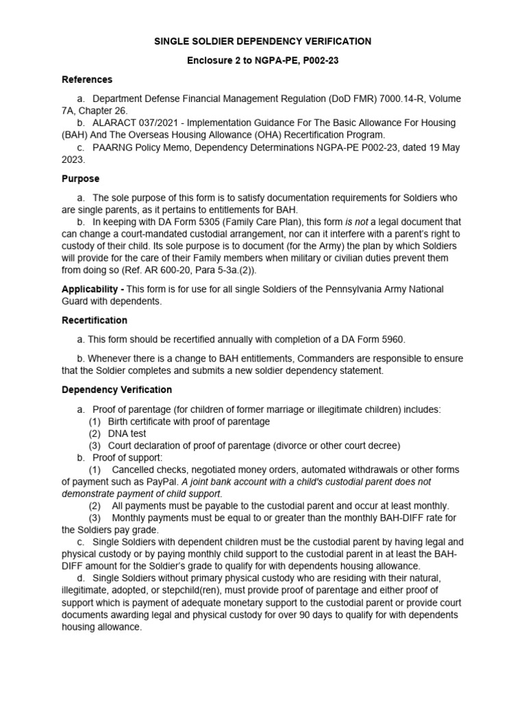 Single Soldier Verification Form | PDF | Child Custody | Child Support