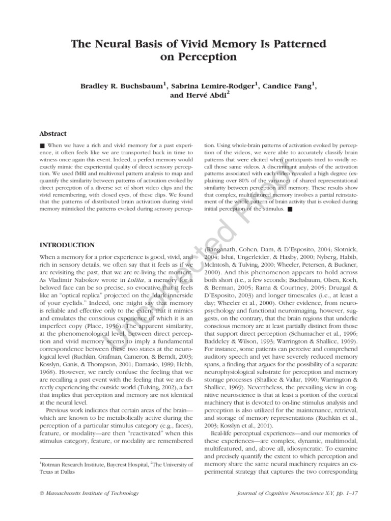 Proof: The Neural Basis of Vivid Memory Is Patterned On Perception ...