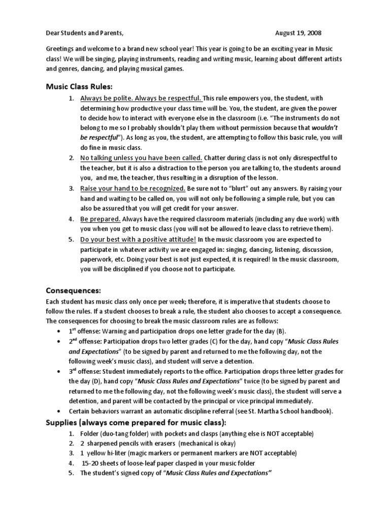 Music Class Rules and Expectations | PDF | Homework | Teachers