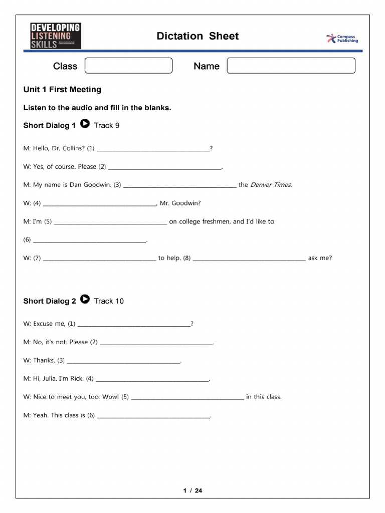 DLS 3e 1_Dictation Sheet | PDF