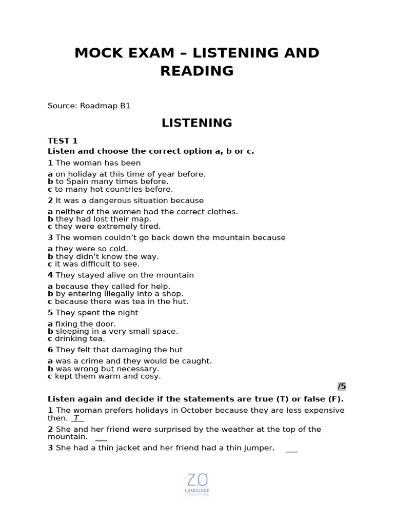 Mock Test Listening and Reading | PDF