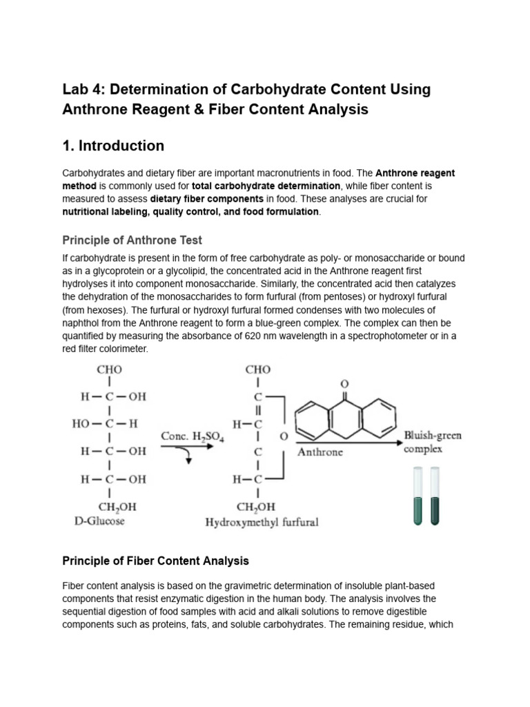 Determination of Carbohydrate Content Using Anthrone Reagent Fiber ...