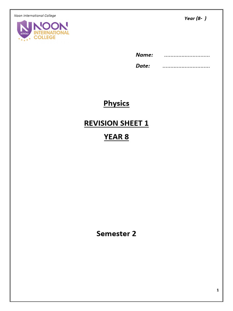 Physics REVISION SHEET (1) TERM 2 YEAR 8 | PDF