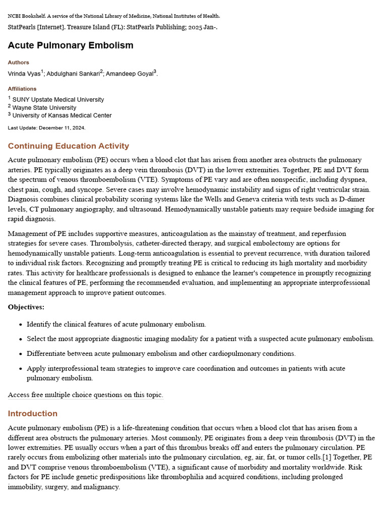 TBL 8. Acute pulmonary embolism - StatPearls | PDF | Thrombosis | Diastole