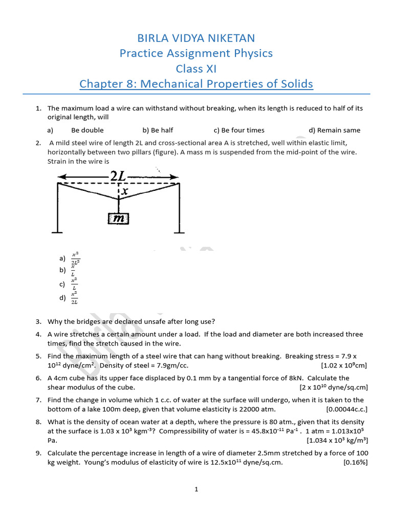 Ch8 Physics Practice Assignment Mech. Prop. of Solids | PDF | Young's ...