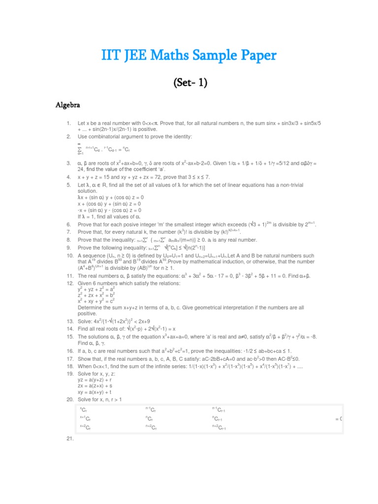 IIT JEE Maths Sample Paper Set 1 | PDF | Real Number | Equations
