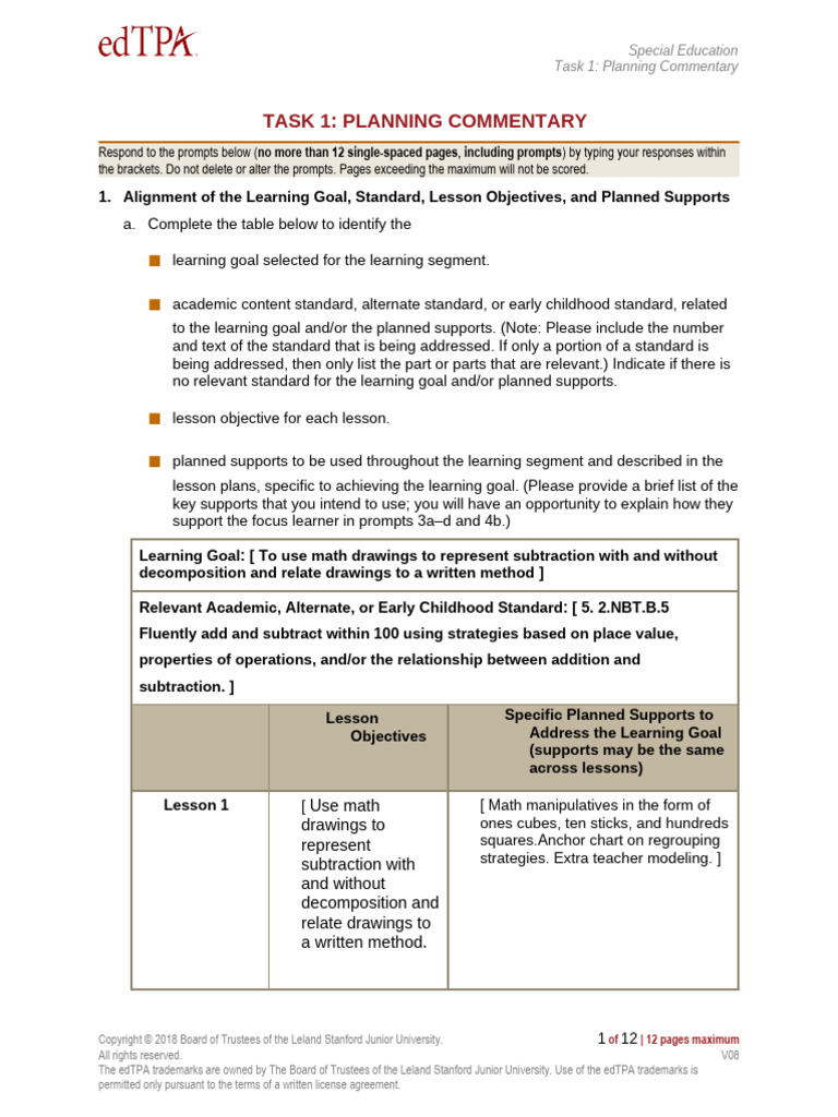 Task 1 Part E - Planning Commentary Template (Final) | PDF | Learning ...