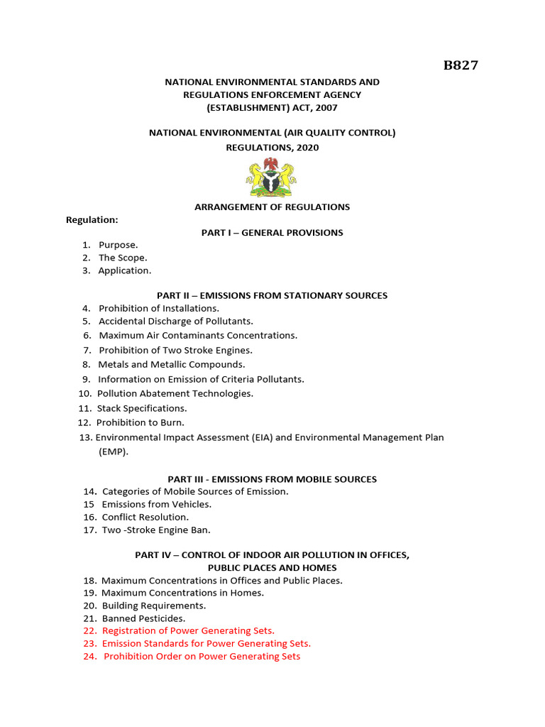 National Environmental Air Quality Control Regulations Current Amended ...