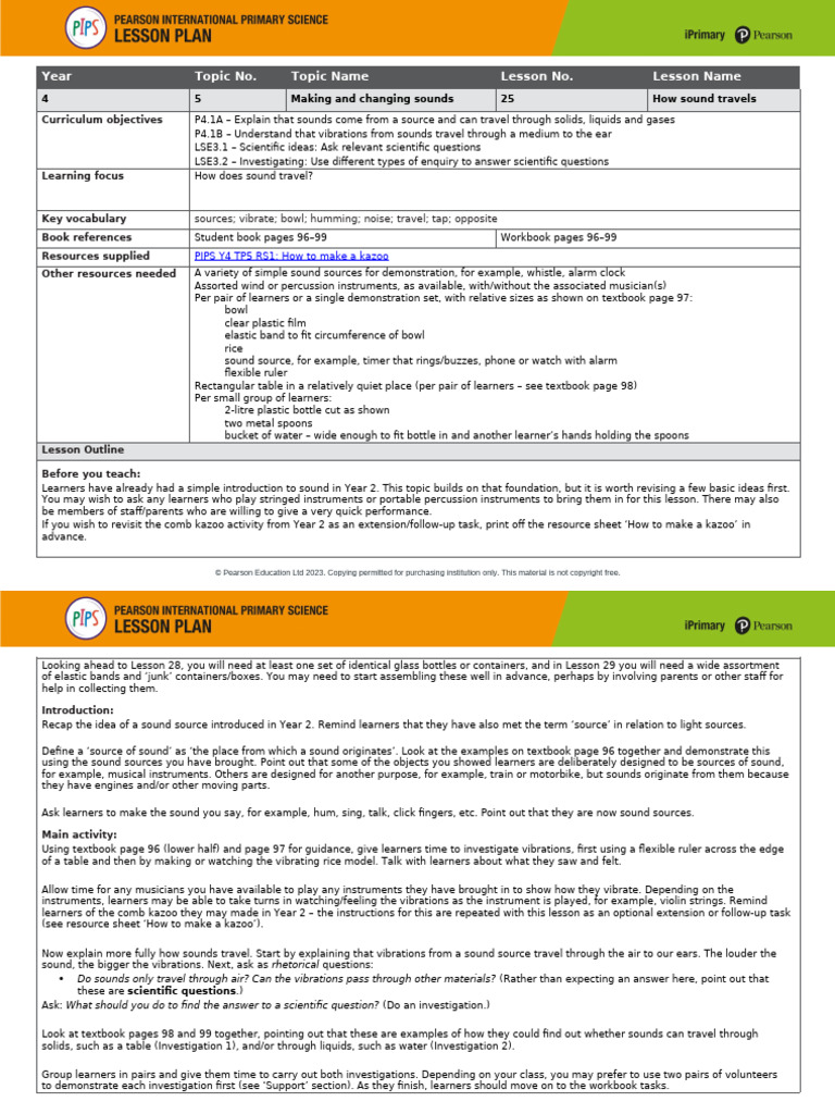 Pips Lesson Plan Year 4 Topic 5 | PDF | Sound | String Instruments