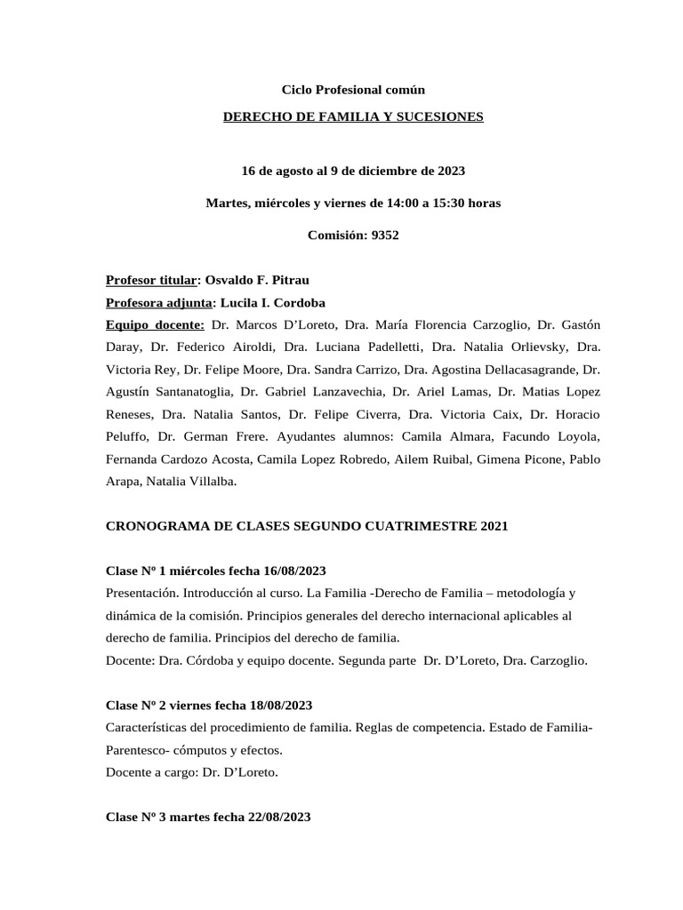 CRONOGRAMA - FAMILIA Y SUCESIONES 2C 2023 - Com 9352-1 | PDF