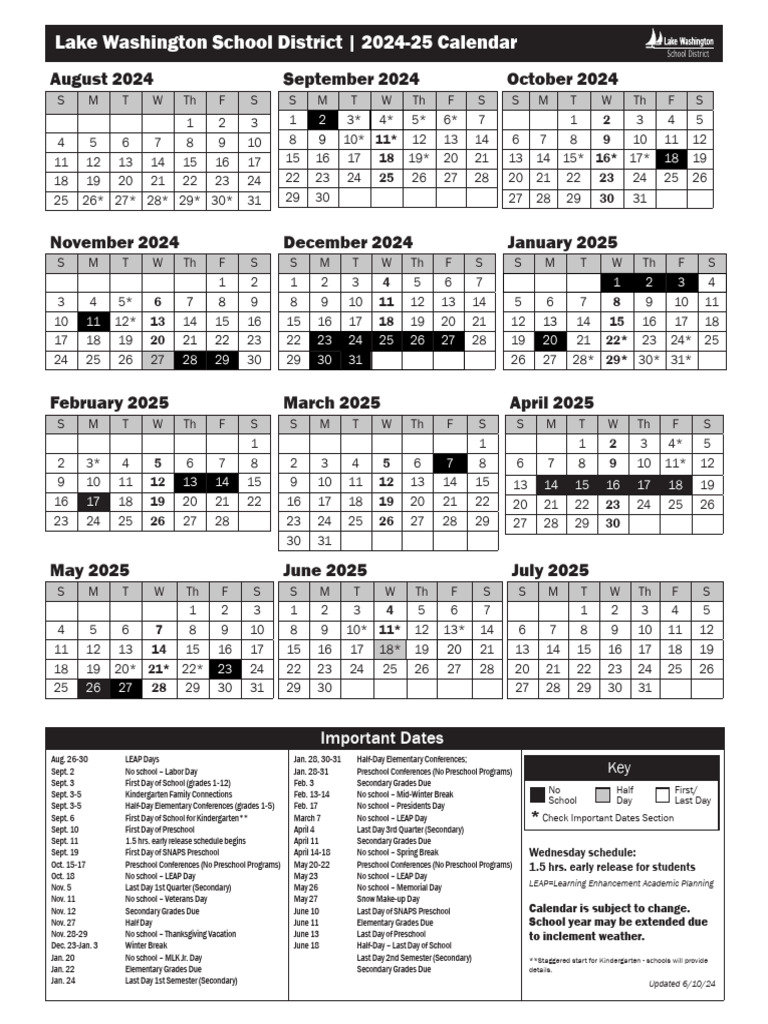 2024-25-LWSD-one-page-calendar-english | PDF | Academic Term | Academia