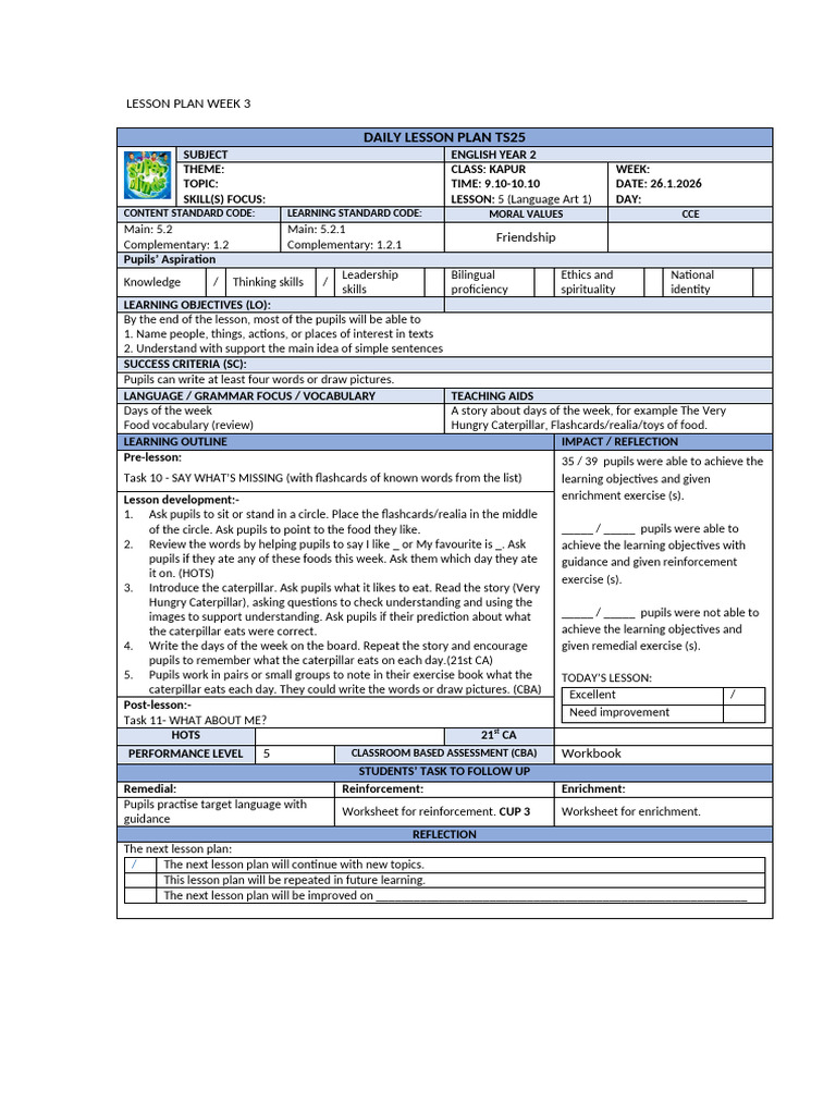Lesson Plan Week 3 | PDF | Lesson Plan | Vocabulary