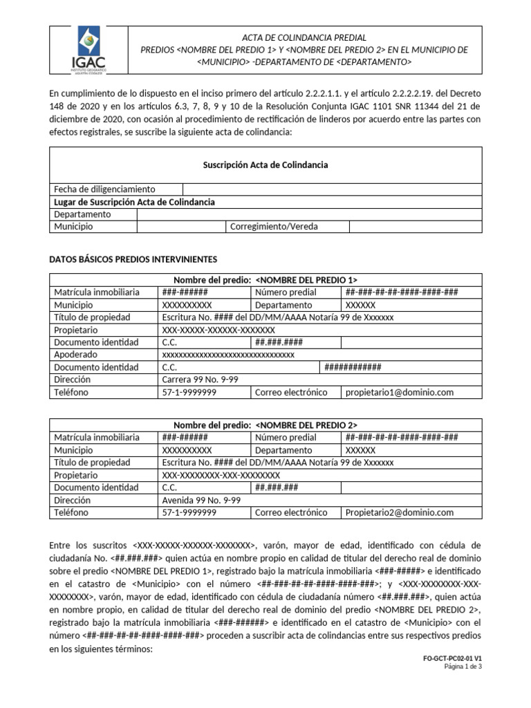 Acta de Colindancia Igac | PDF