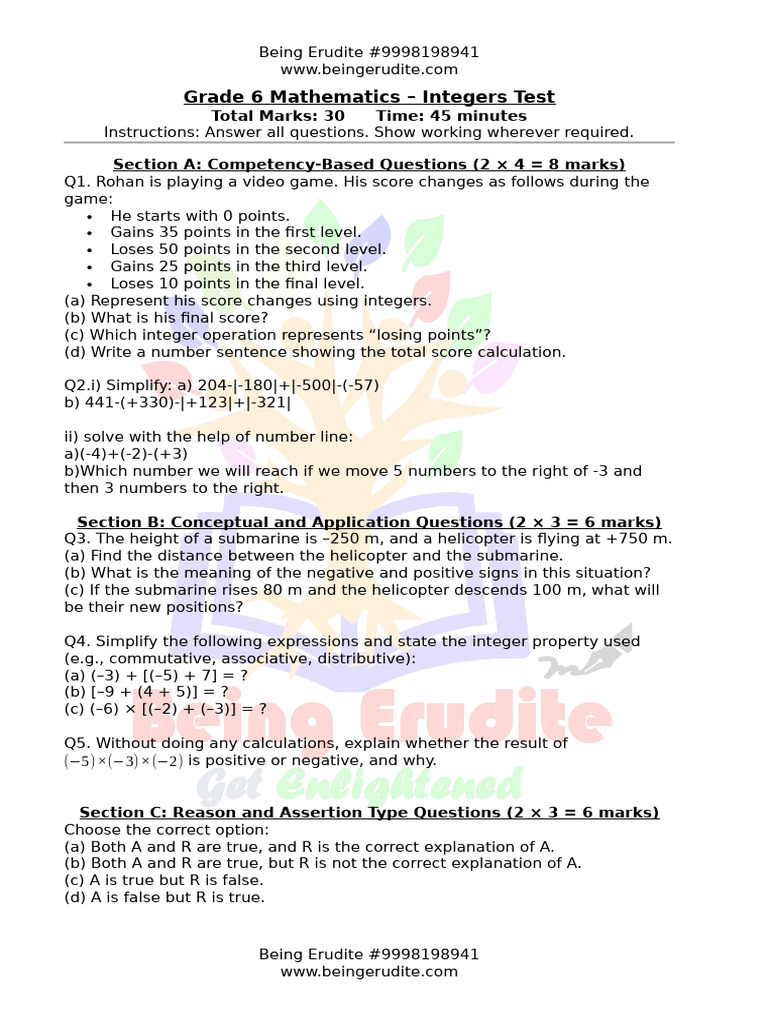 Grade 6 Integers Test | PDF