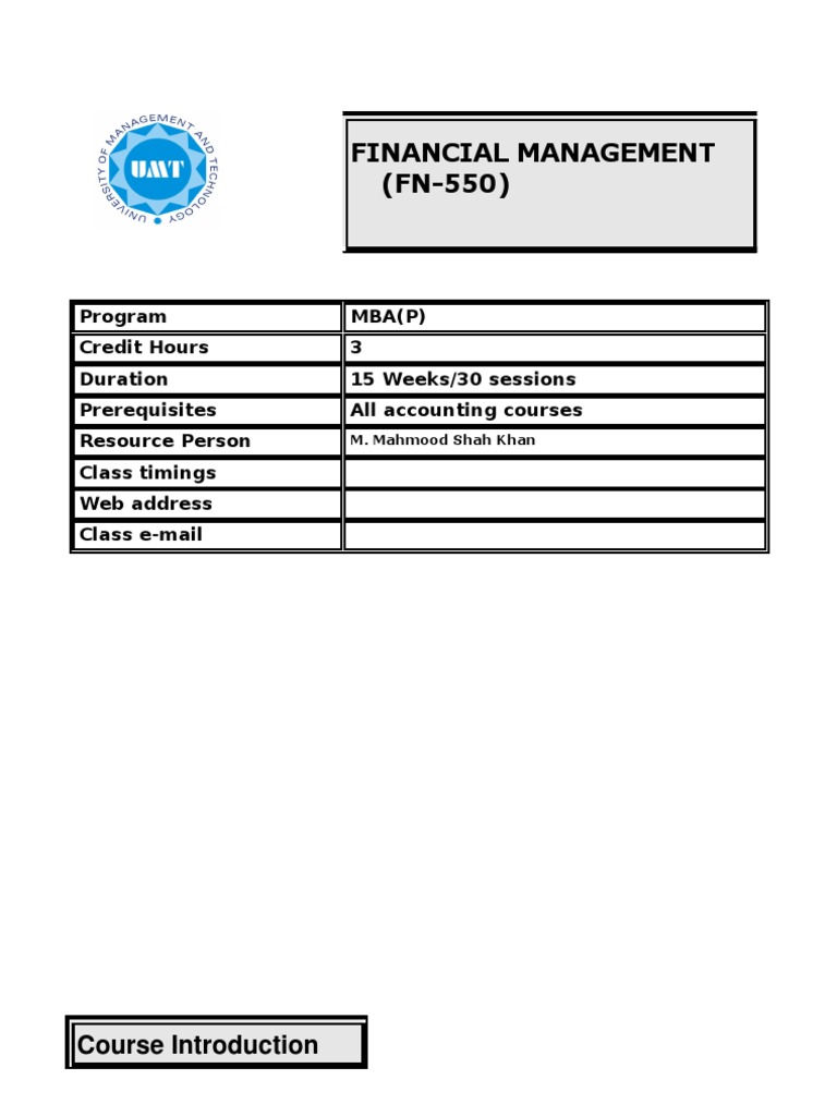 Financial Management Course Syllabus: Objectives, Assessments, Calendar ...