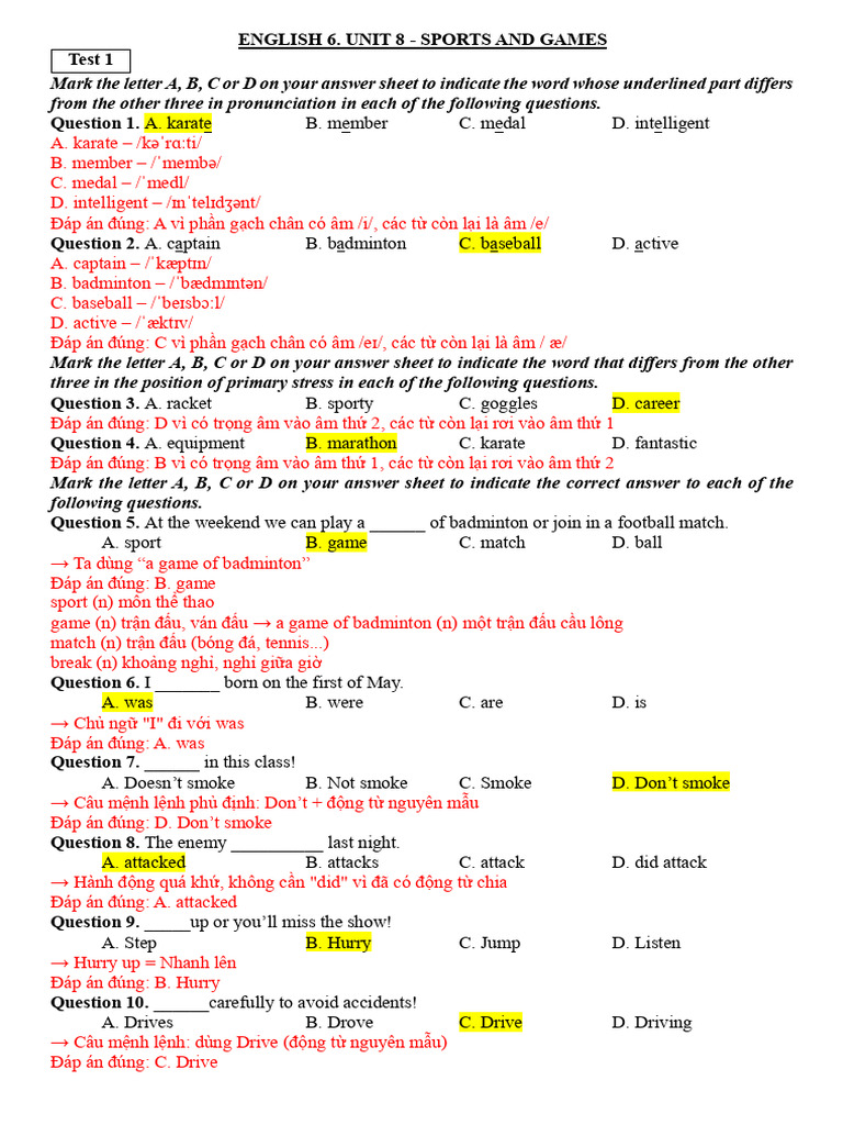 A6. KEY Unit 8 Test 1 | PDF