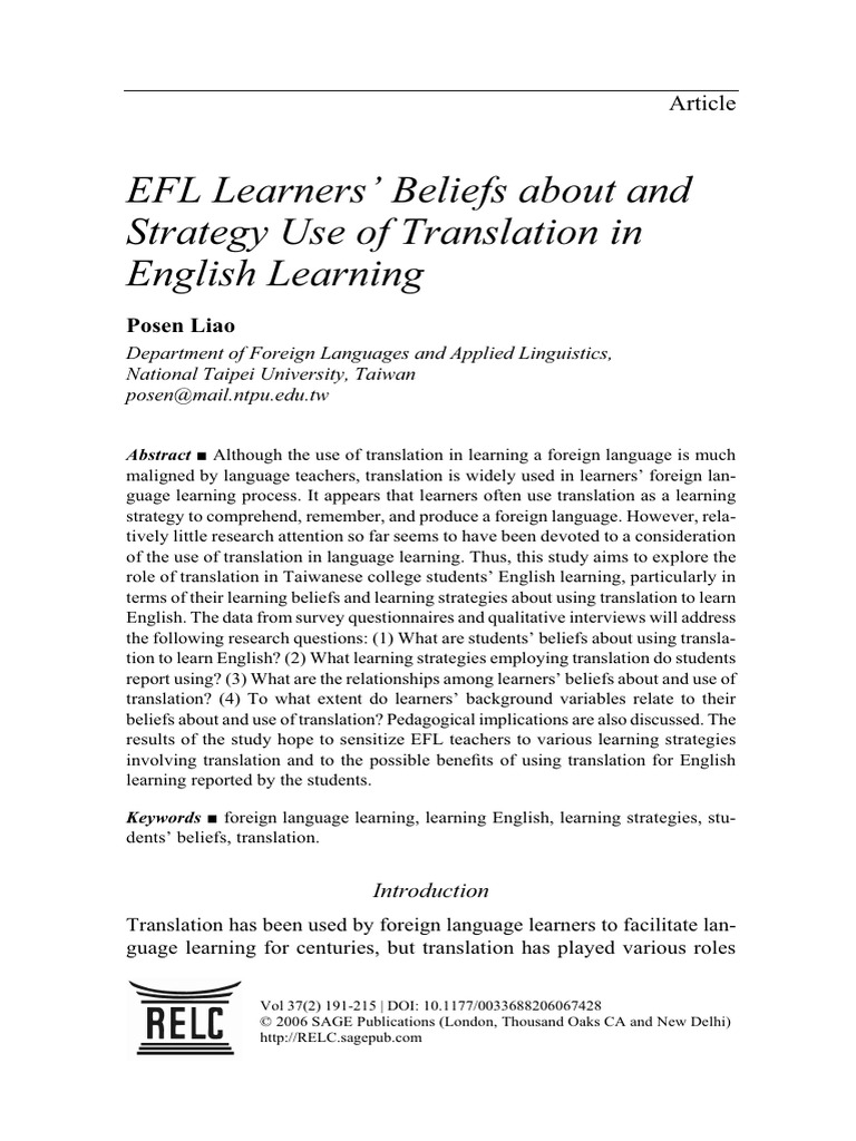 EFL Learners' Beliefs and Use of Translation Strategies | PDF | Second ...