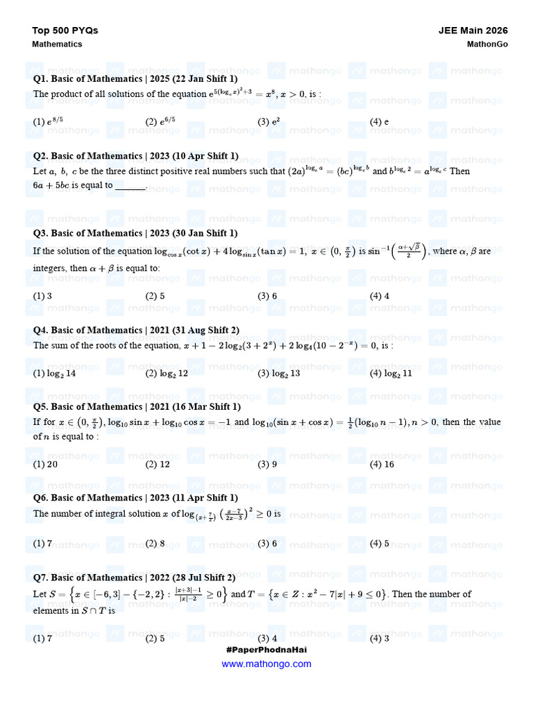 Top 500 PYQs For JEE Main 2026 April (Mathematics) | PDF | Zero Of A ...