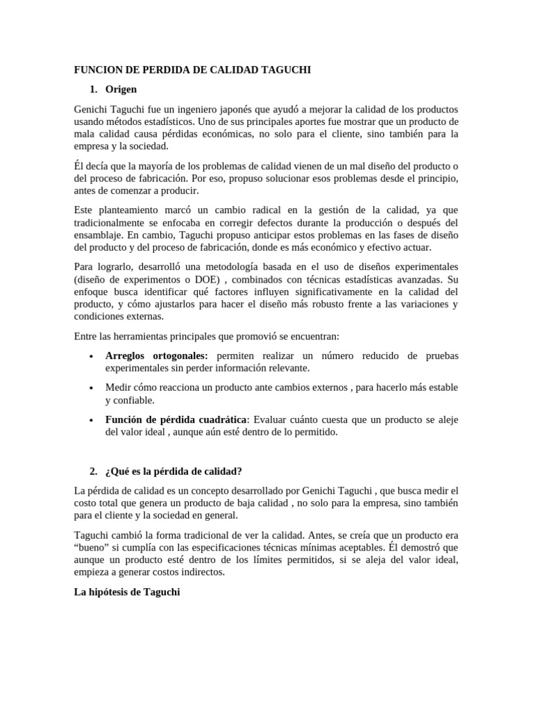 Funcion de Perdida de Calidad Taguchi | PDF | Calidad (comercial ...
