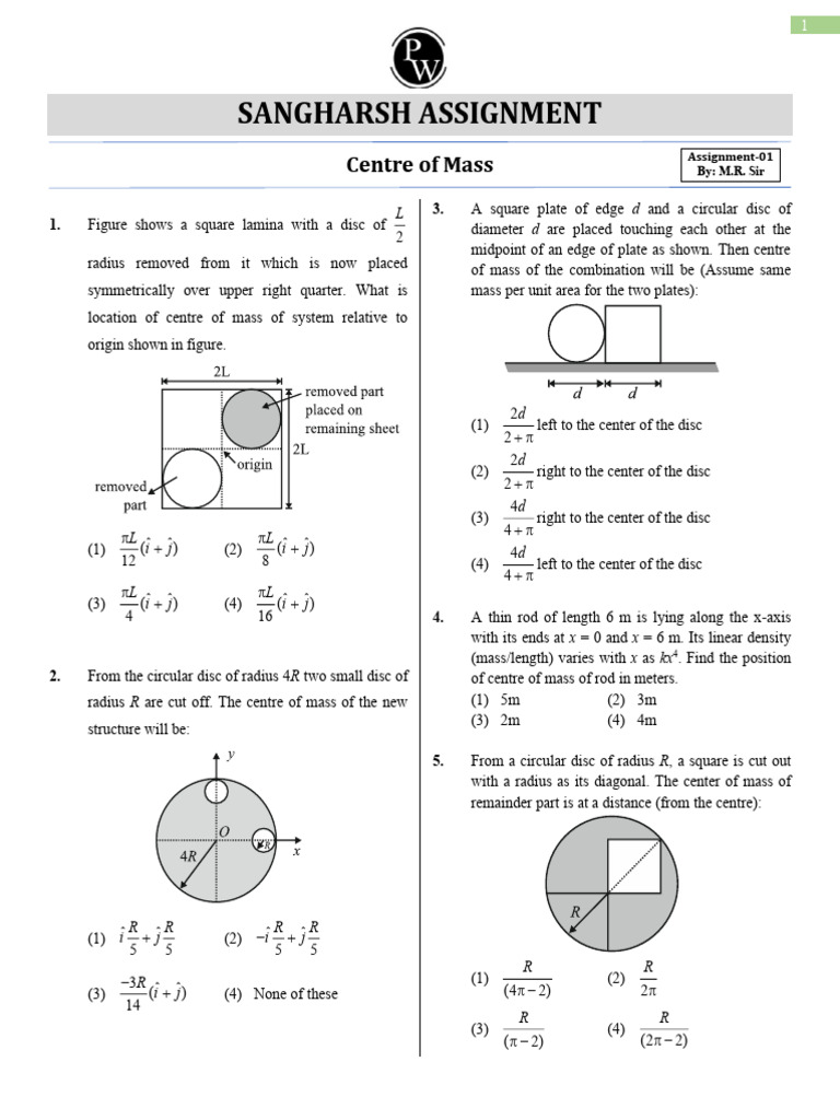 Sangharsh Assignment 01 Centre of Mass Physics MR Sir Mahaveer | PDF ...