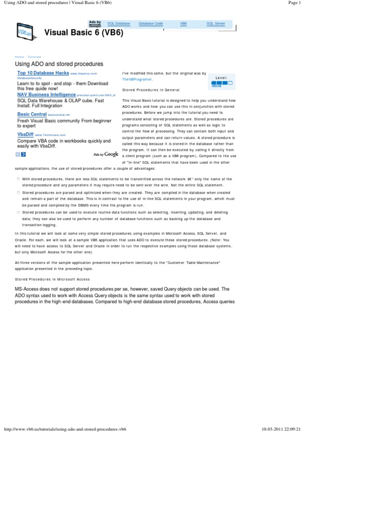 Using Ado And Stored Procedures Visual Basic 6 Vb6 Pdf Parameter Computer Programming