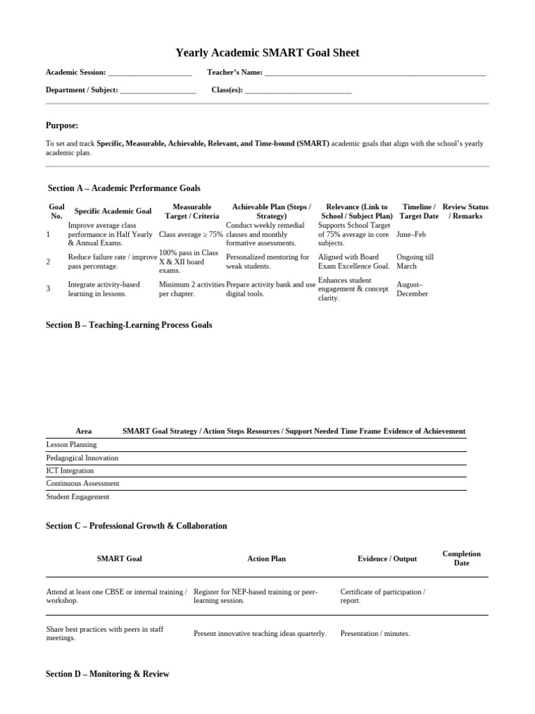 Yearly Academic SMART Goal Sheet | PDF | Teachers