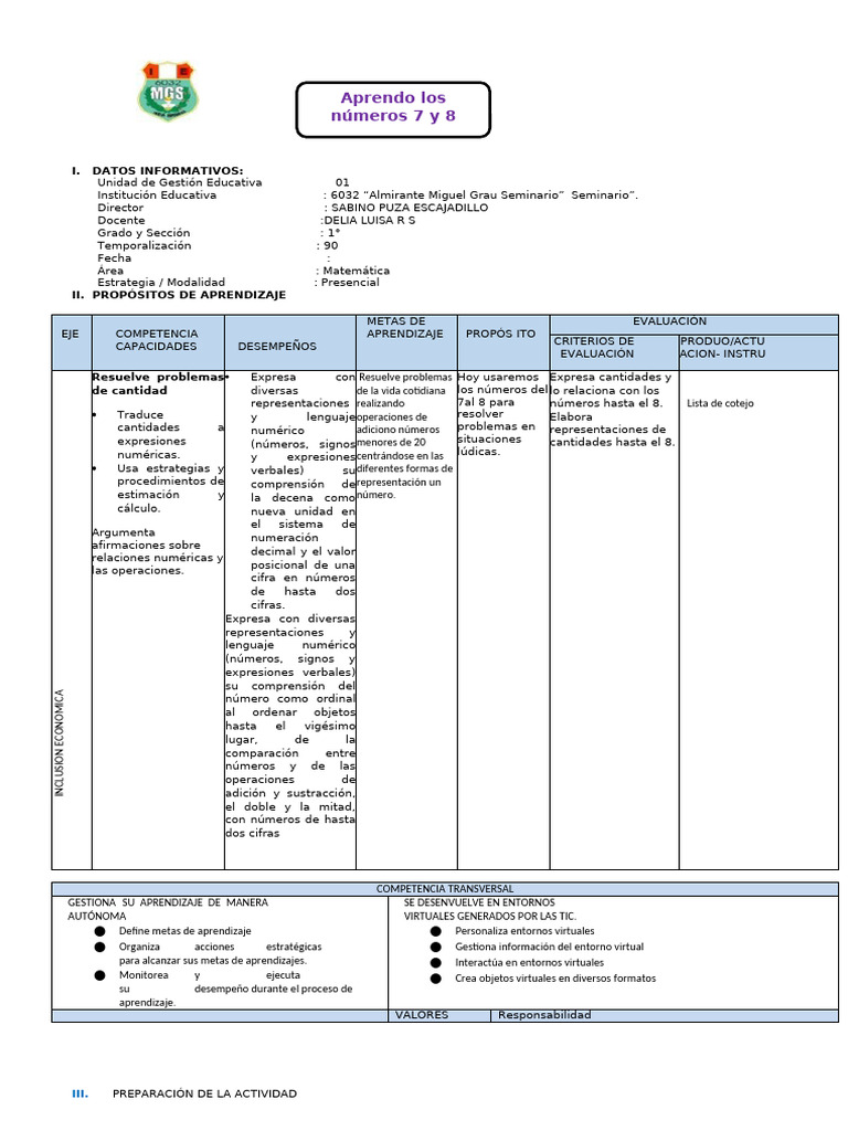 Ses Mat Los Numeros 7 Y 8 | PDF | Aprendizaje | Plan de estudios