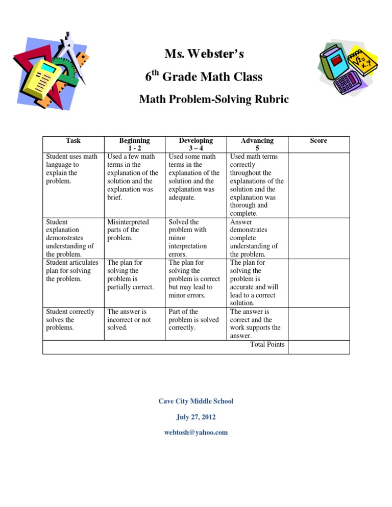 Ms. Webster's 6 Grade Math Class: Math Problem-Solving Rubric | PDF ...