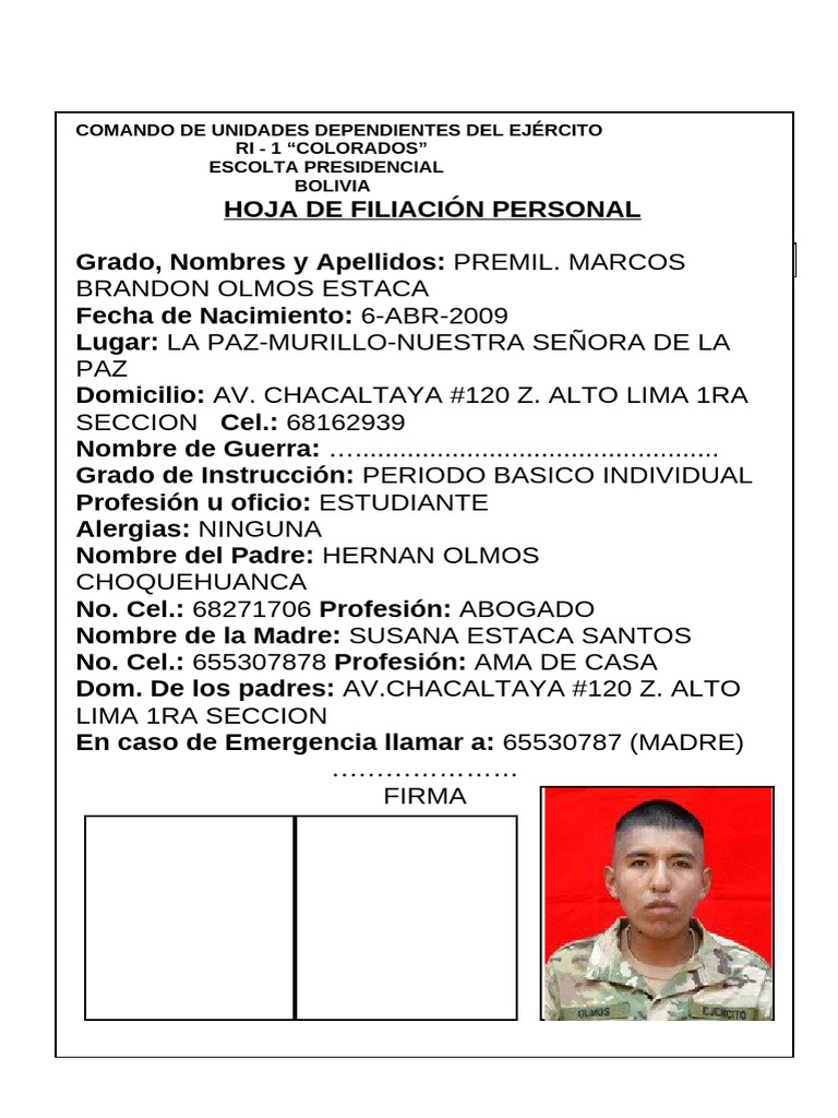 Filiacion Personal Del Premil. Marcos Brandon Olmos Estaca | PDF