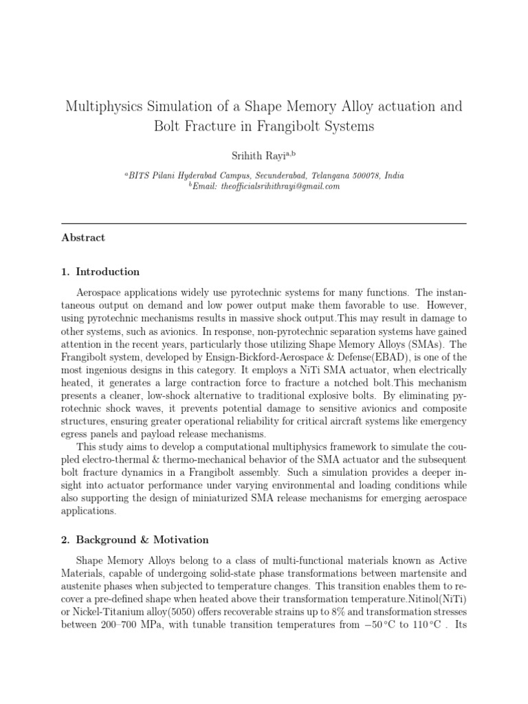 Multiphysics Simulation of A Shape Memory Alloy Actuation and Bolt ...