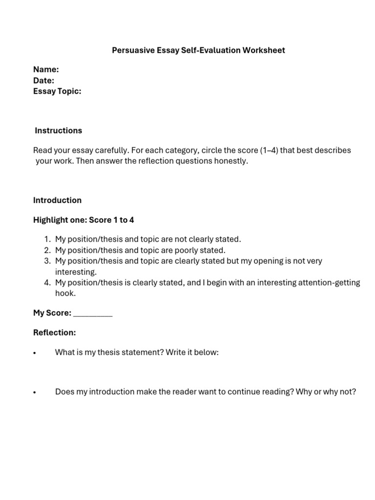Persuasive Essay Self Evaluation March 2-6 | PDF