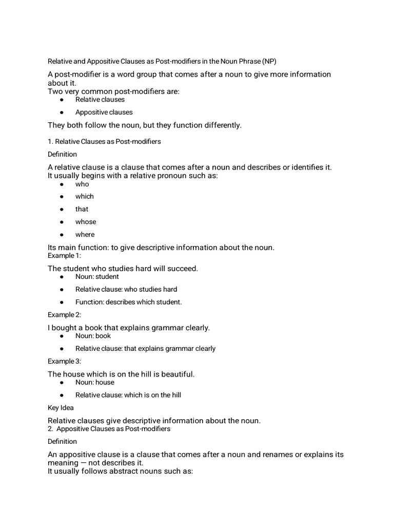 Relative and Appositive Clauses As Post-Modifiers in (NP) | PDF ...