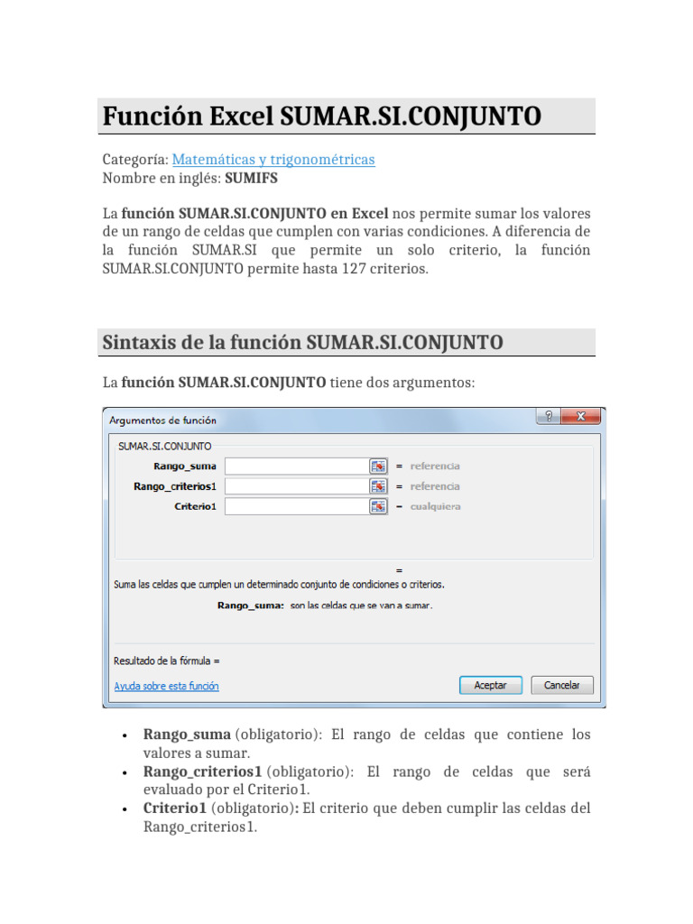 La Función Excel Sumar - Si.conjunto | PDF | Función (Matemáticas ...