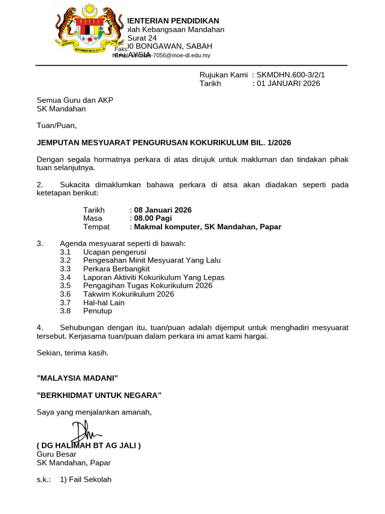 Memo Mesyuarat Kokurikulum Bil 1.2026 | PDF