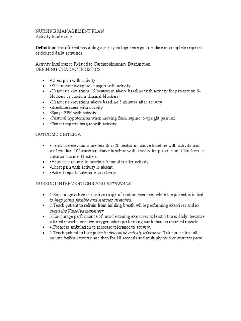 Nursing Care Plan for Activity Intolerance | PDF | Heart | Physical ...