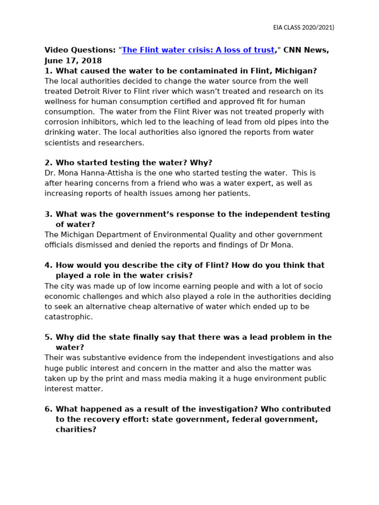 Flint Water Crisis Video Worksheet | PDF