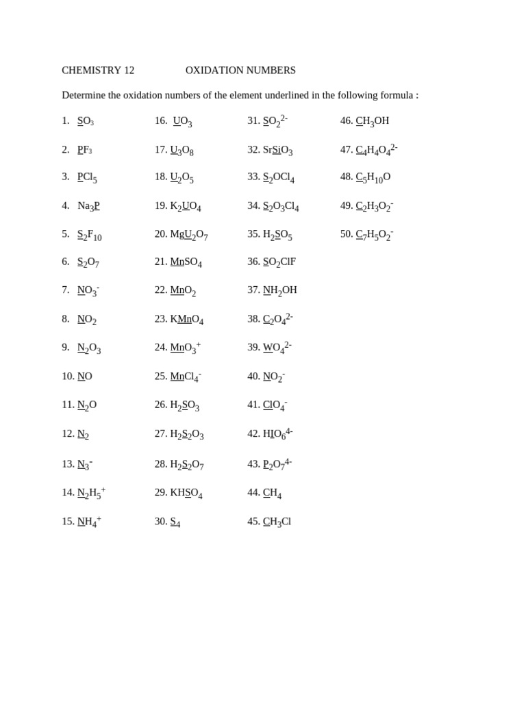 Oxidation Numbers Worksheet 1 | PDF