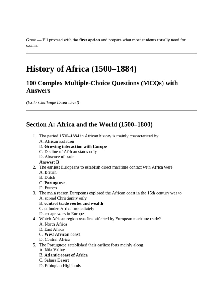 AFRICA 1500-1884 EXIT EXAM - Docx With Answers | PDF