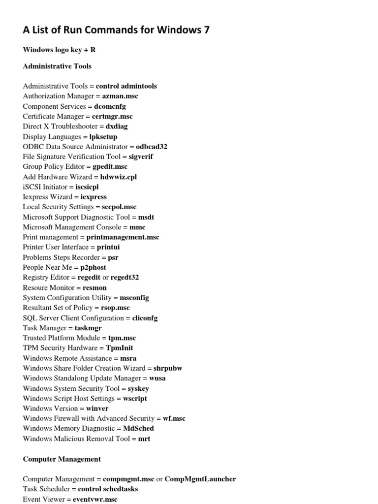 A List of Run Commands For Windows 7 | PDF | Microsoft Windows ...