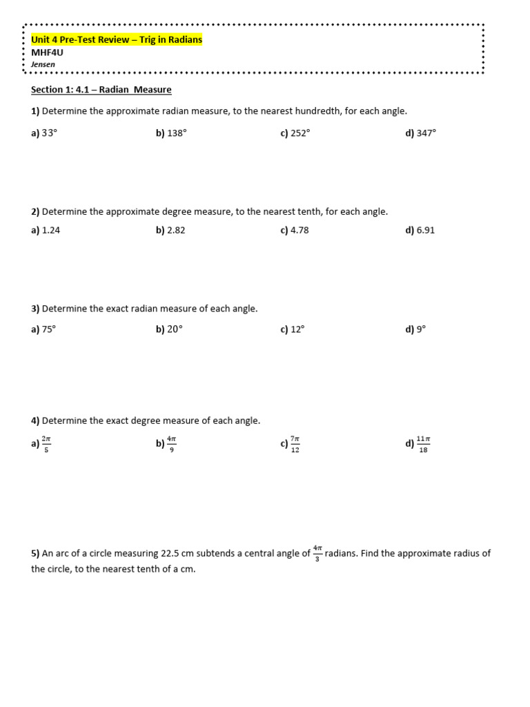 Unit+4+Review++Trig+in+Radians | PDF | Angle | Trigonometry