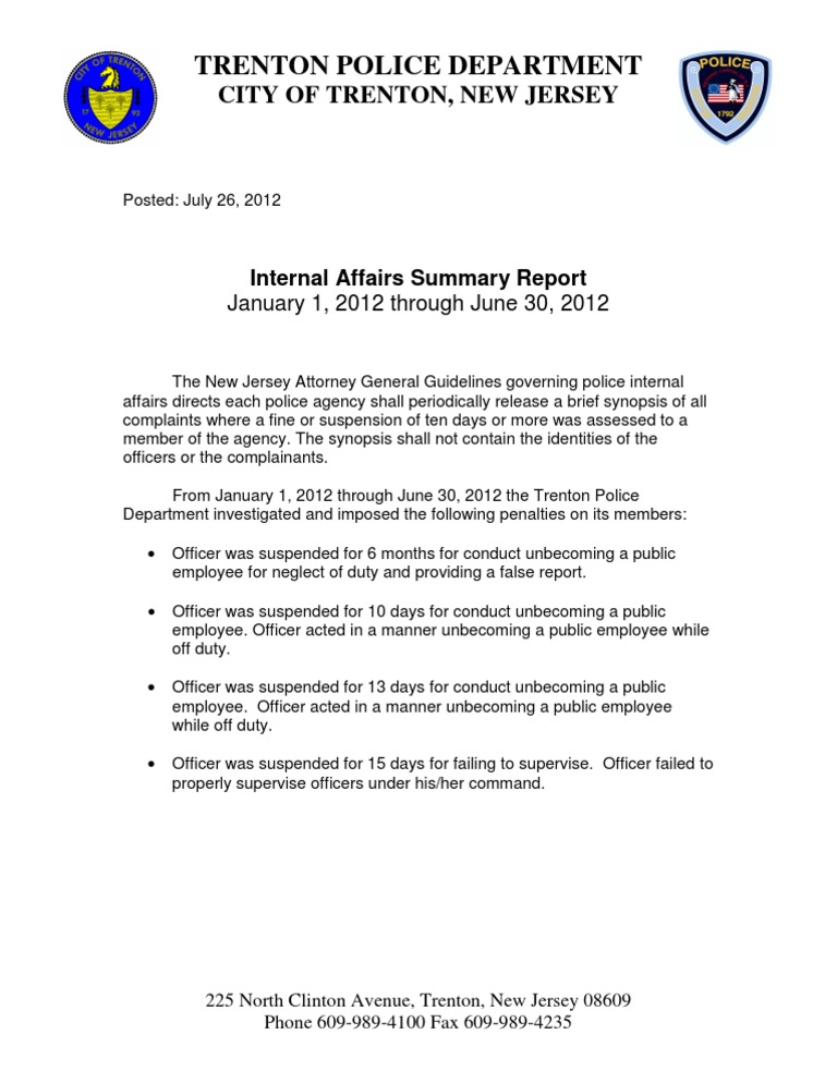 Trenton Police Internal Affairs Summary Report | PDF | Social Science