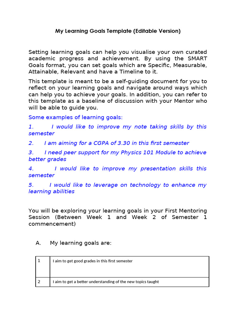 My Learning Goals Template | PDF | Learning | Cognition