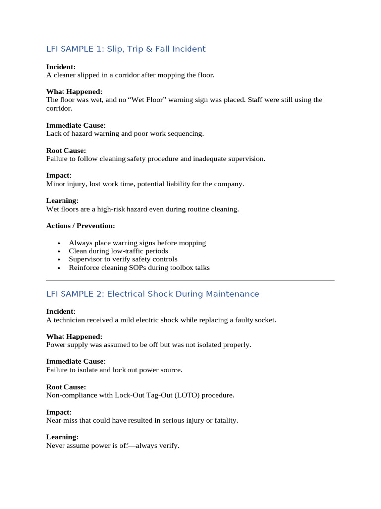 Lfi (Learning From Incident Facility Management) Sample 1 | PDF | Fire ...