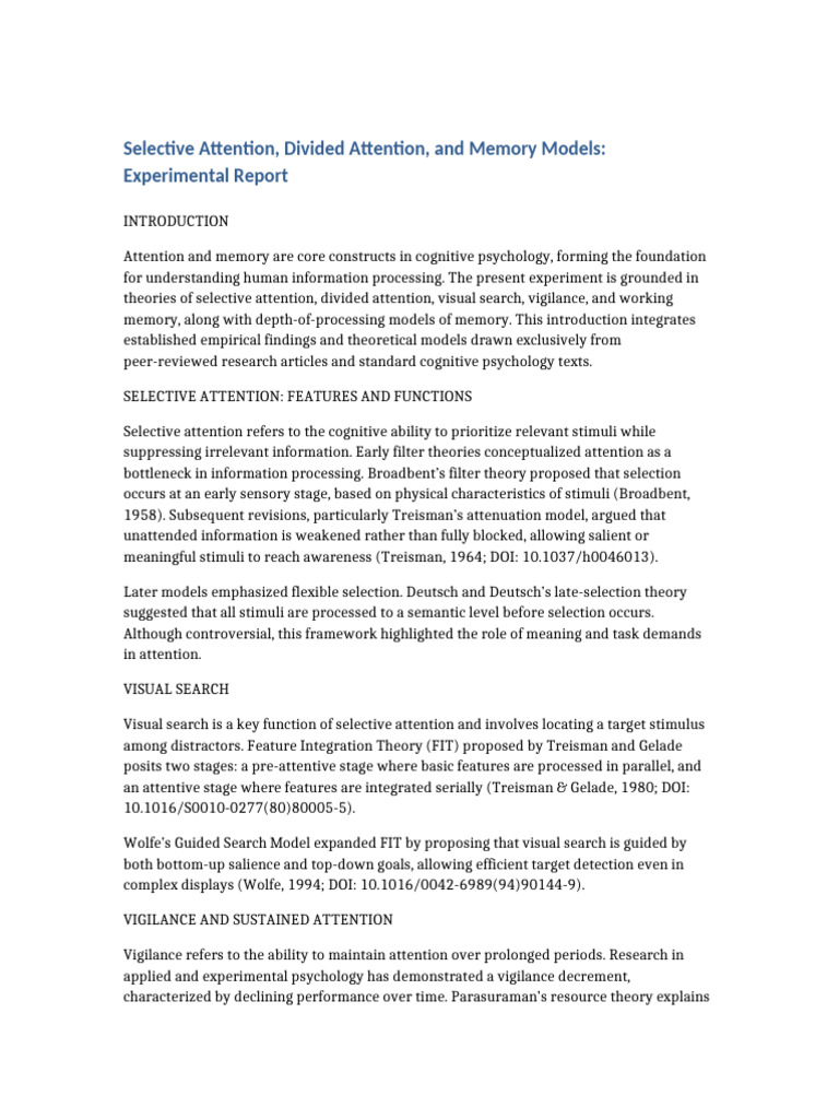 Selective Attention and Memory Report | PDF | Attention | Cognitive ...