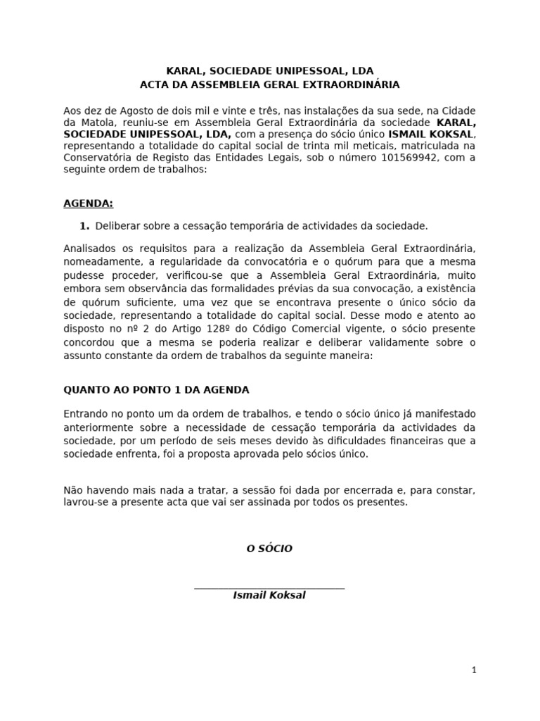 Acta - Karal - Sessacao Temporaria de Actividades | PDF