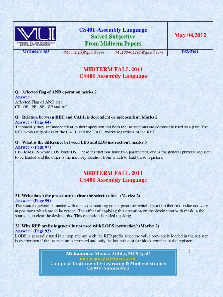 CS401-Assembly Language: Solved Subjective From Midterm Papers | PDF | Instruction Set | String ...